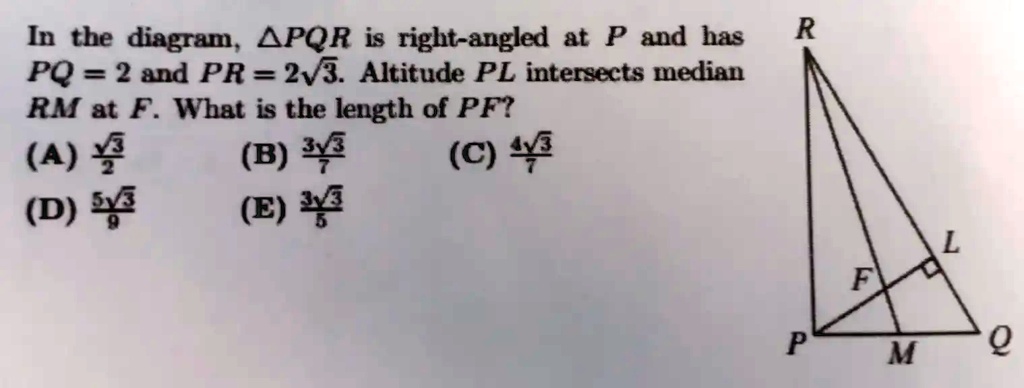in the diagram apqr is right angled at p and has pq 2 and pr 2v3 altitude pl intersects median ...