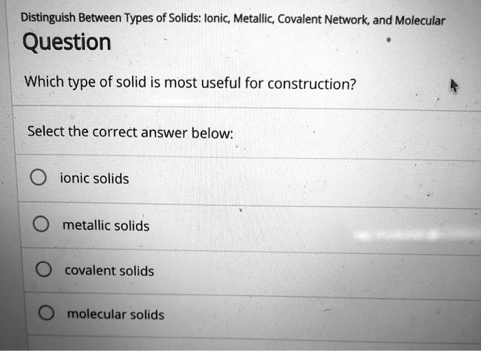 SOLVED: Distinguish Between Types of Solids: Ionic; Metallic, Covalent Network; and Molecular ...