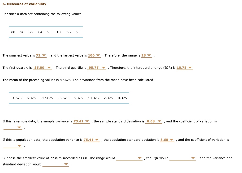 SOLVED: Measures of variability Consider data set containing the ...