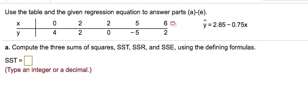 SOLVED: Use the table and the given regression equation to answer parts (a)-(e) X-2.85 0.75x ...