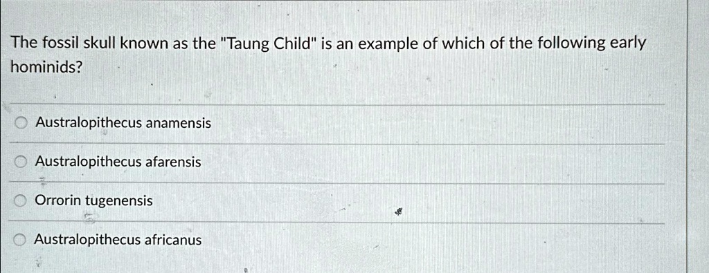 SOLVED: The fossil skull known as the "Taung Child" is an example of ...