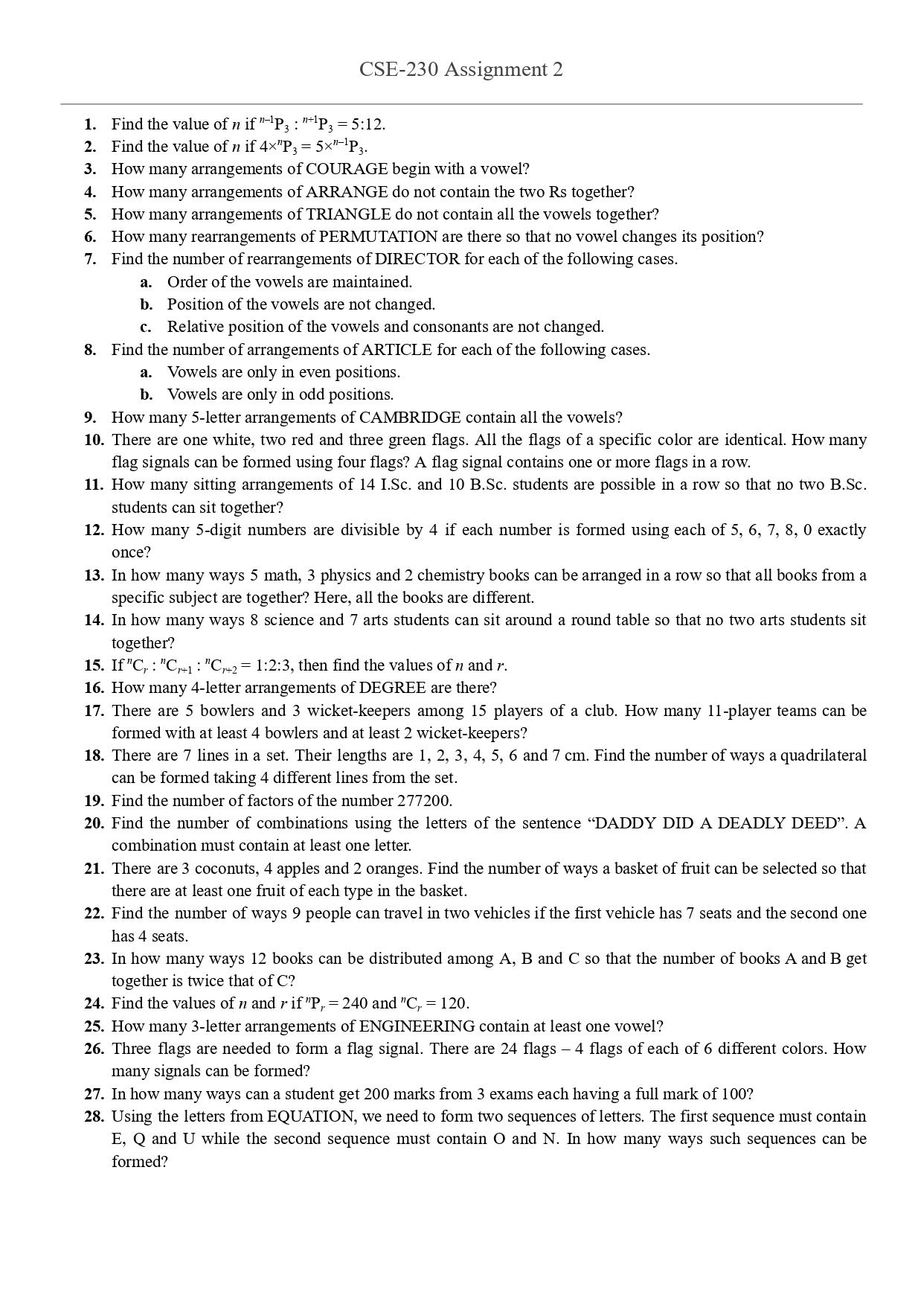 CSE-230 Assignment 2 1. Find the value of n if ^n-1P3:^n+1P3=5: 12. 2 ...