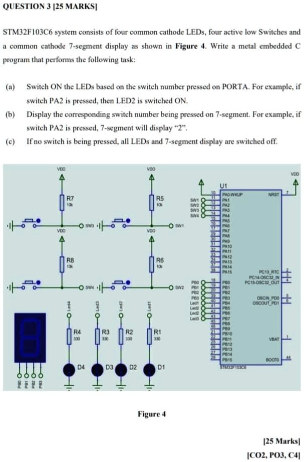 SOLVED: STM32F103C6 system consists of four common cathode LEDs, four active low switches, and a ...