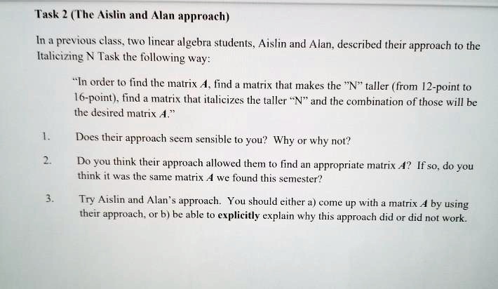 Task 2 the aislin and alan pproach in a previous elass wo...