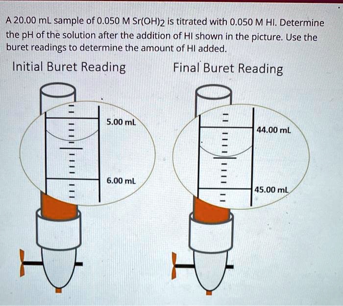 SOLVED: A 20.00 mL sample of 0.050 M Sr(OH)z is titrated with 0.050 M HI. Determine the pH of ...