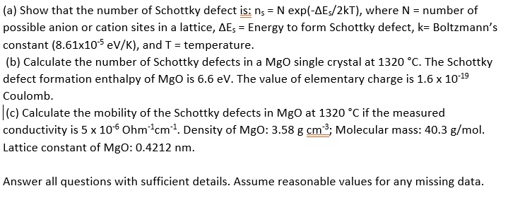 SOLVED: (a) Show that the number of Schottky defects is: ns = N exp ...