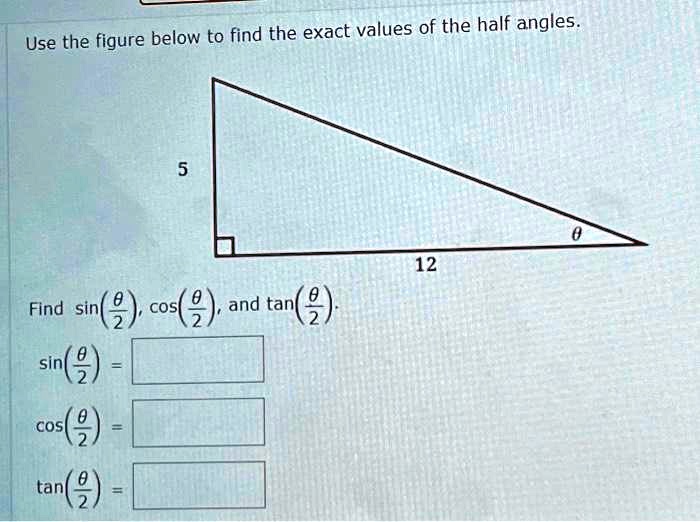 Use the figure below to find the exact values of the half angles. 5 Find sin((θ)/(2)), cos((θ ...