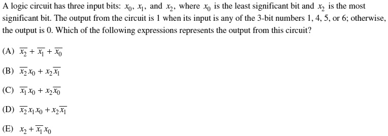 A logic circuit has three input bits: x0, x1, and x2, where x0 is the ...