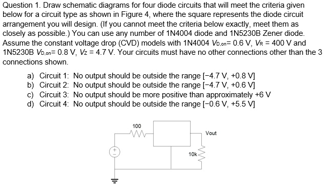 question 1draw schematic diagrams for four diode circuits that will meet the criteria given ...
