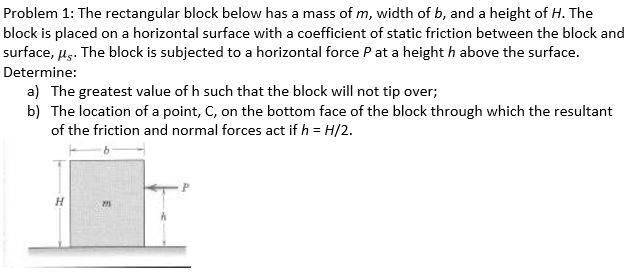 SOLVED: The rectangular block below has a mass of m, width of b, and a ...