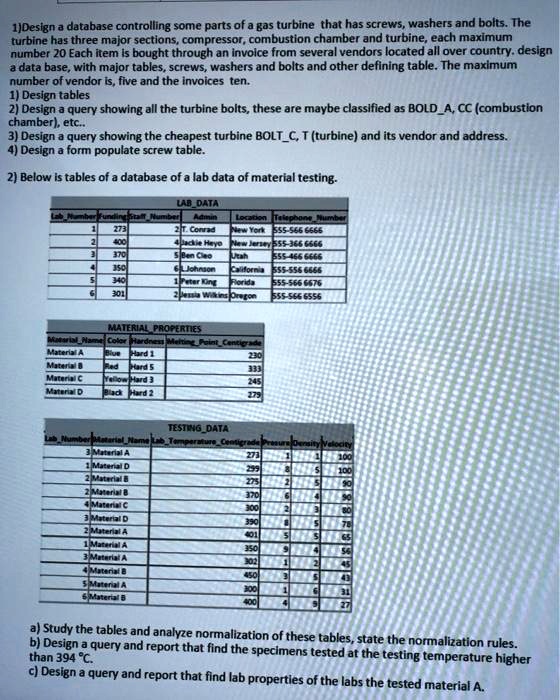 SOLVED: Design a database controlling some parts of a gas turbine that has screws, washers, and ...