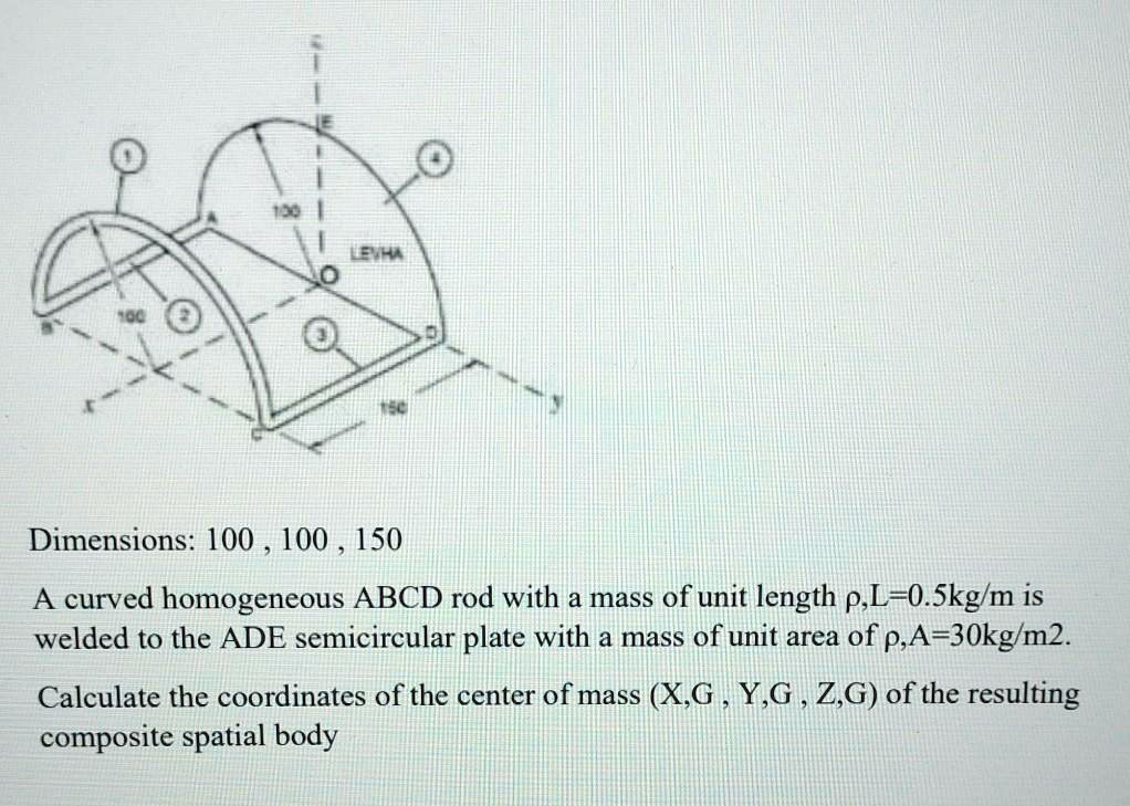 Dimensions: 100, 100, 150 A curved homogeneous ABCD rod with a mass of ...