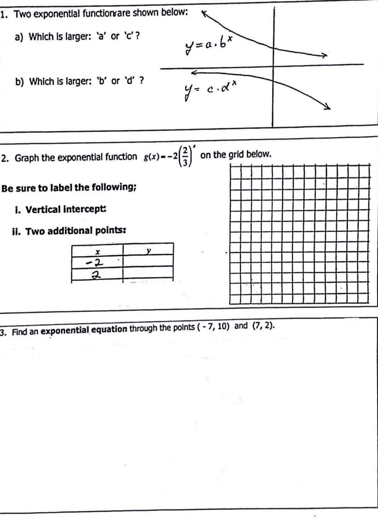 SOLVED: 1. Two exponential function are shown below a) Which is larger:'a'or c'? y=a.b b) Which ...