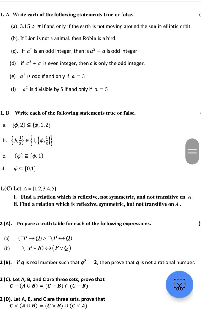 SOLVED: Texts: Solve It 1.A) Write each of the following statements true or false: a. 3.15 > 0 ...