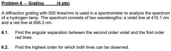 SOLVED: Problem 6 Grating [Apts A diffraction grating with 500 lineslmm is used in a ...