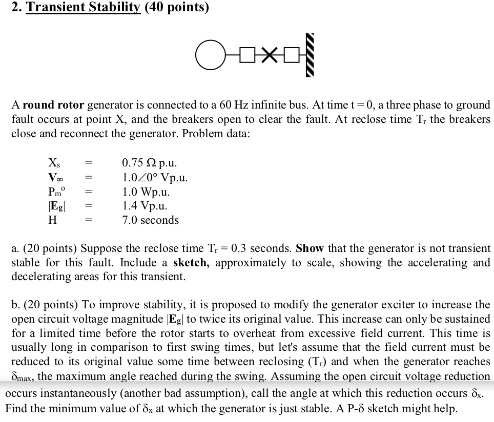 SOLVED: 2. Transient Stability (40 points) A round rotor generator is ...