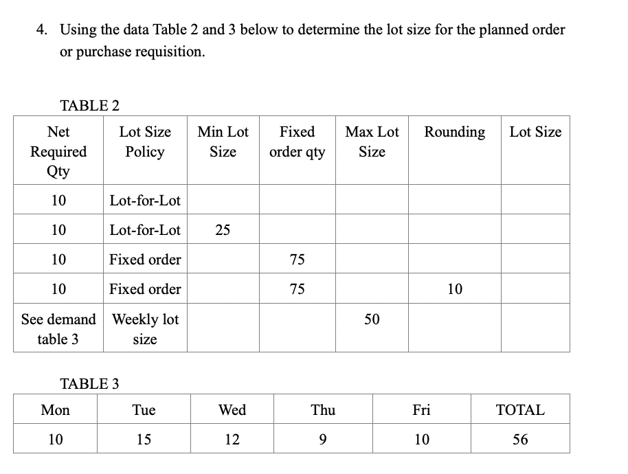SOLVED: 4. Using the data Table 2 and 3 below to determine the lot size ...