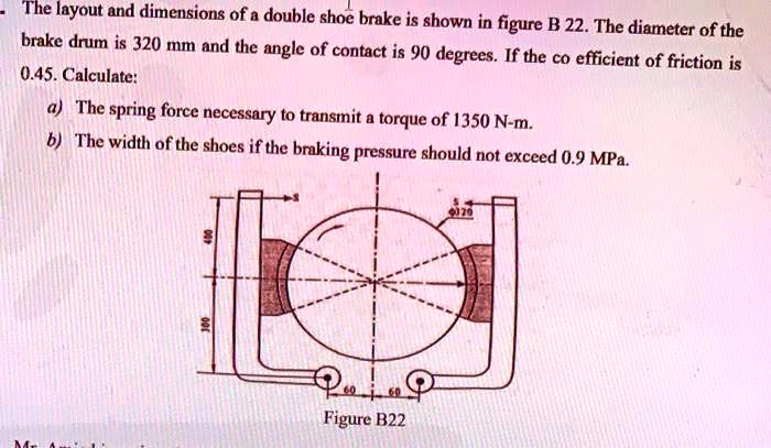 The layout and dimensions of a double shoe brake are shown in Figure ...