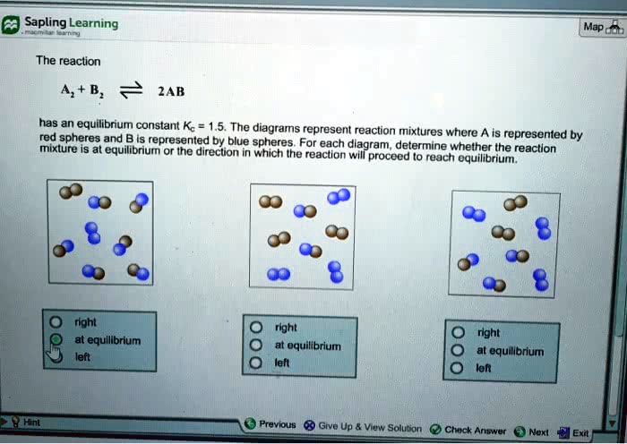 The reaction A2 + B2 ⇌ 2AB has an equilibrium constant Kc = 1.5. The ...