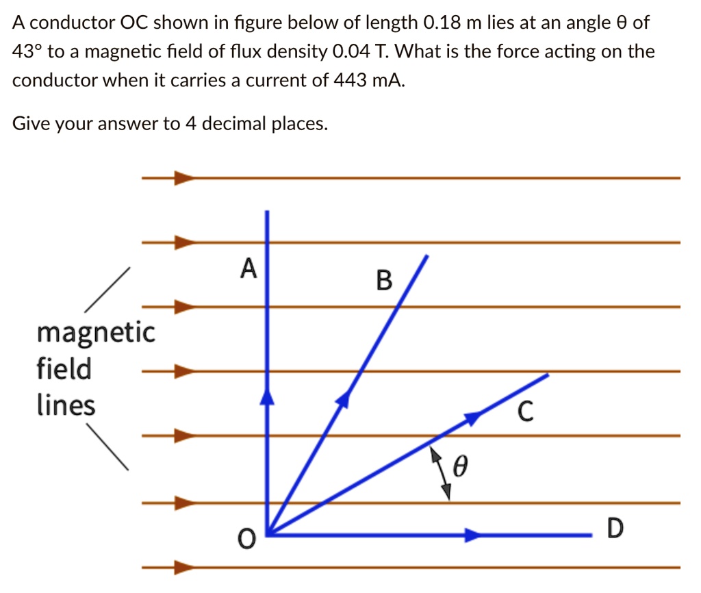 A conductor OC shown in figure below of length 0.18 m lies at an angle ...