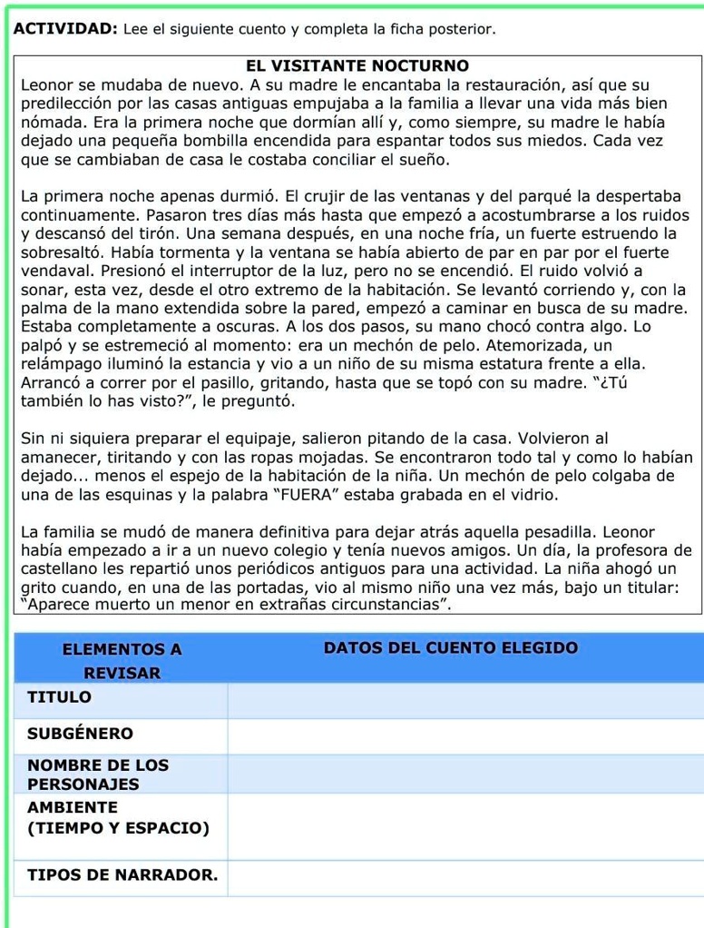 pregunta actividad lee el siguiente cuento y completa la ficha ...