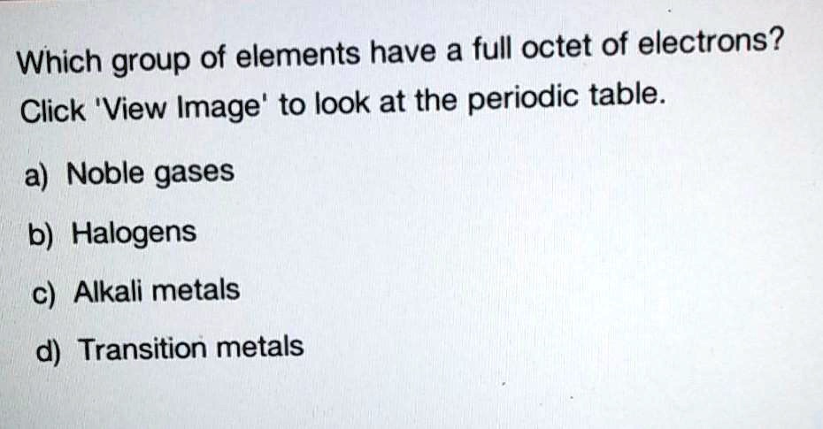 SOLVED: Which group of elements have a full octet of electrons? Click ...