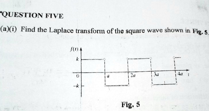 [GET ANSWER] question five ai find the laplace transforn of the square wave shown in fig fig 84917