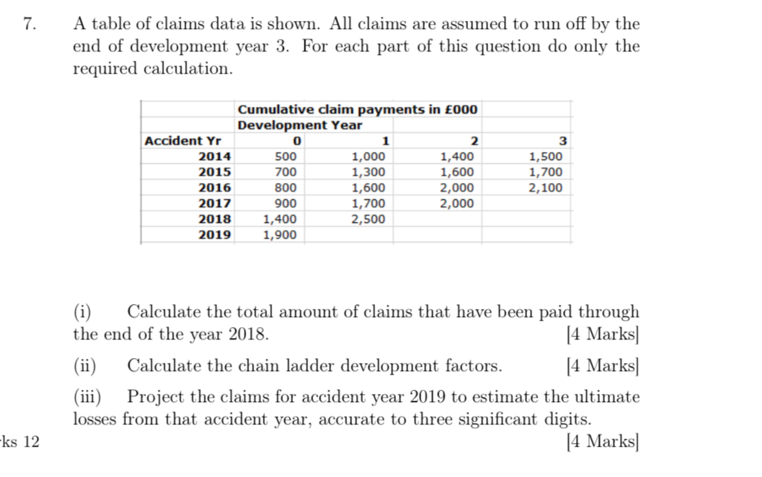 7. A table of claims data is shown. All claims are assumed to run off ...