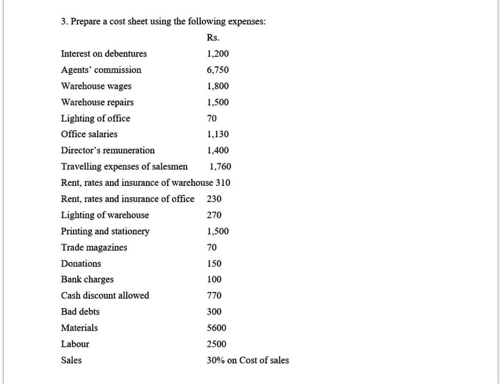 3. Prepare a cost sheet using the following expenses: Rs. Interest on ...