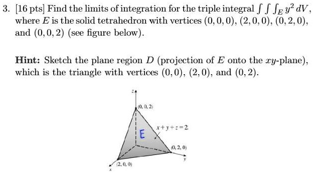 SOLVED: Find the limits of integration for the triple integral âˆ­E f dV, where E is the solid ...