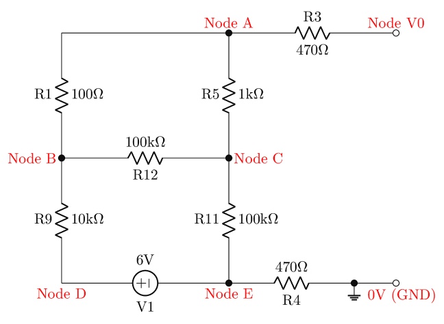 R1 100? R3 Node A Node V0 470? R5 1k? 100k? Node B Node C R12 R9 10k? R11 100k? 6V 470? +1 Node ...