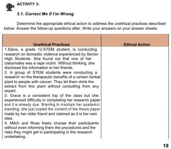 activity3correct me if im wrong please give the 5 ethical action ...