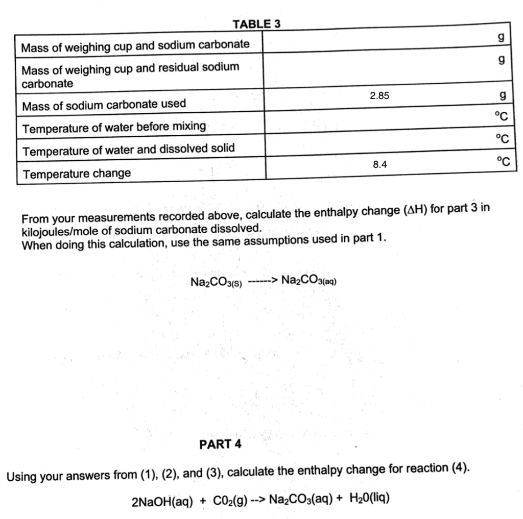 SOLVED: TABLE 3 Mass of weighing cup and sodium carbonate Mass of weighing cup and residual ...
