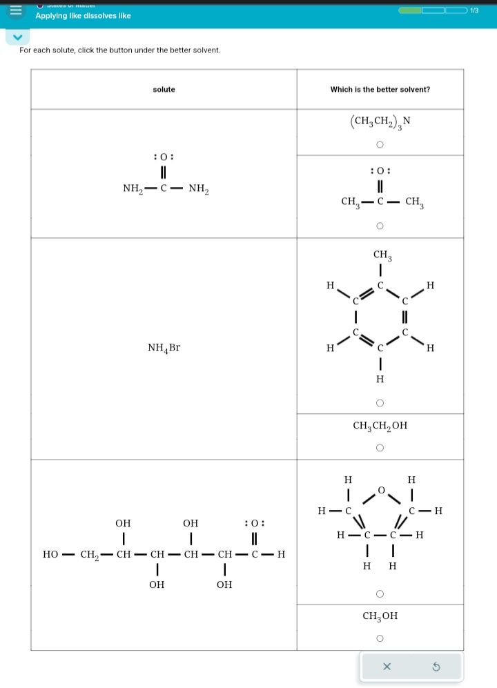 SOLVED: Applying like dissolves like 1 / 3 For each solute, click the button under the better ...
