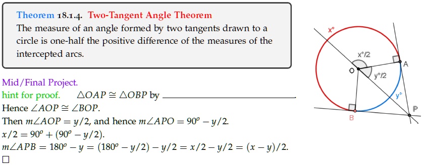 Theorem 18.1.4. Two-Tangent Angle Theorem The measure of an angle ...