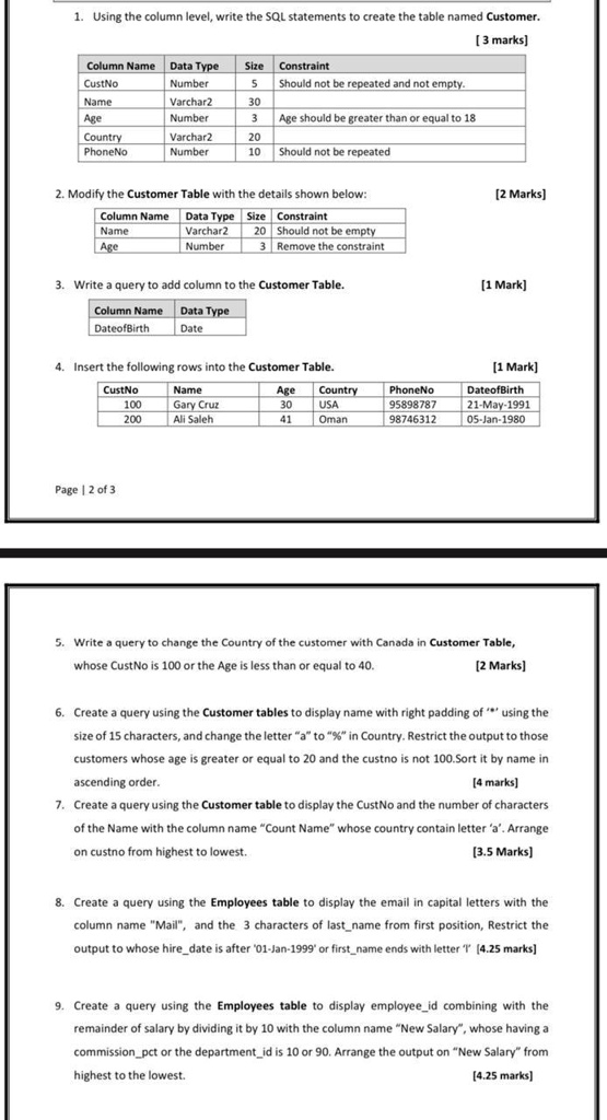 Solved Using The Column Level Write The Sql Statements To Create The Table Named Customer 3