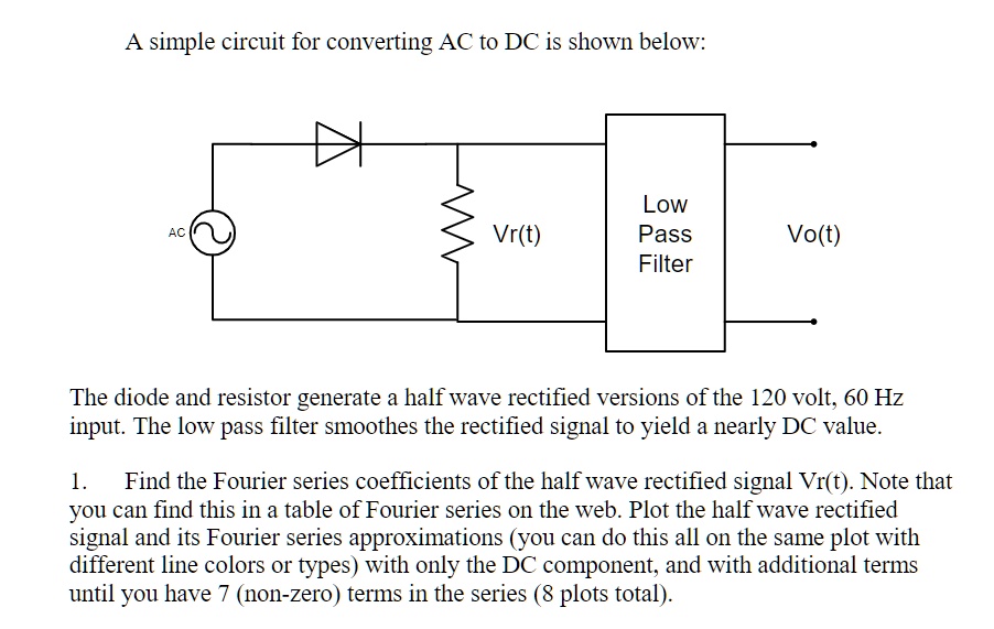 SOLVED: PLOT USING MATLAB A simple circuit for converting AC to DC is shown below: Low Pass ...