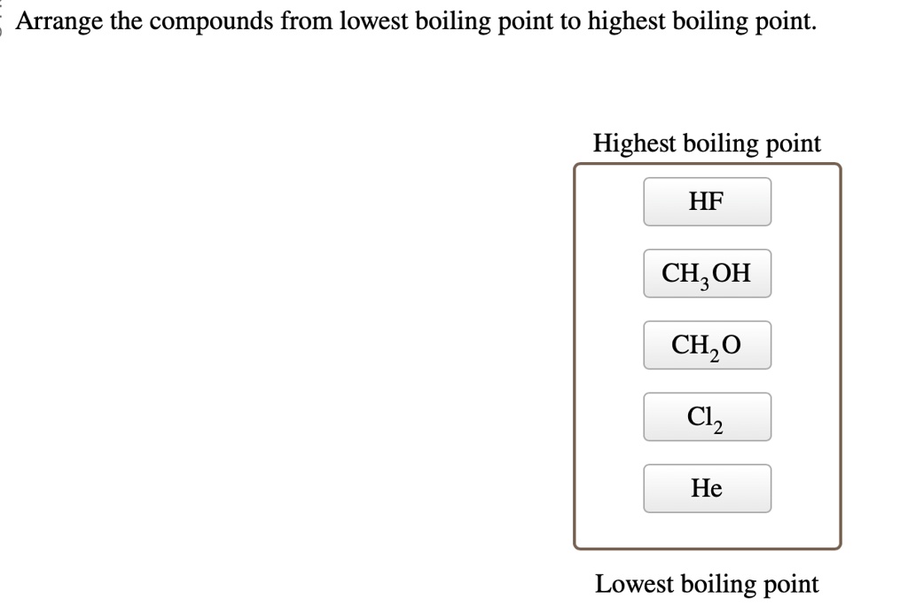 SOLVED: Arrange the compounds from lowest boiling point to highest ... SOLVED: Arrange the compounds from lowest boiling point to highest ...