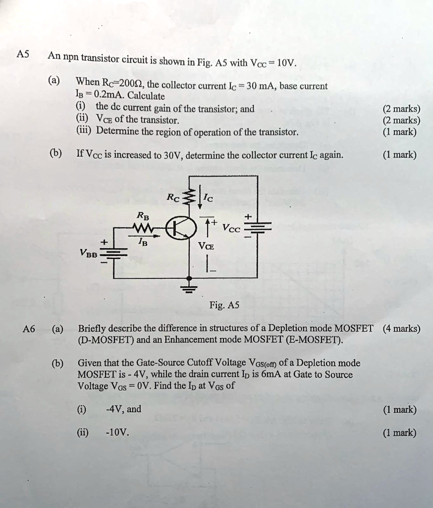 A5 An npn transistor circuit is shown in Fig. A5 with Vcc = 10V. (a) When Rc = 200Ω, the ...