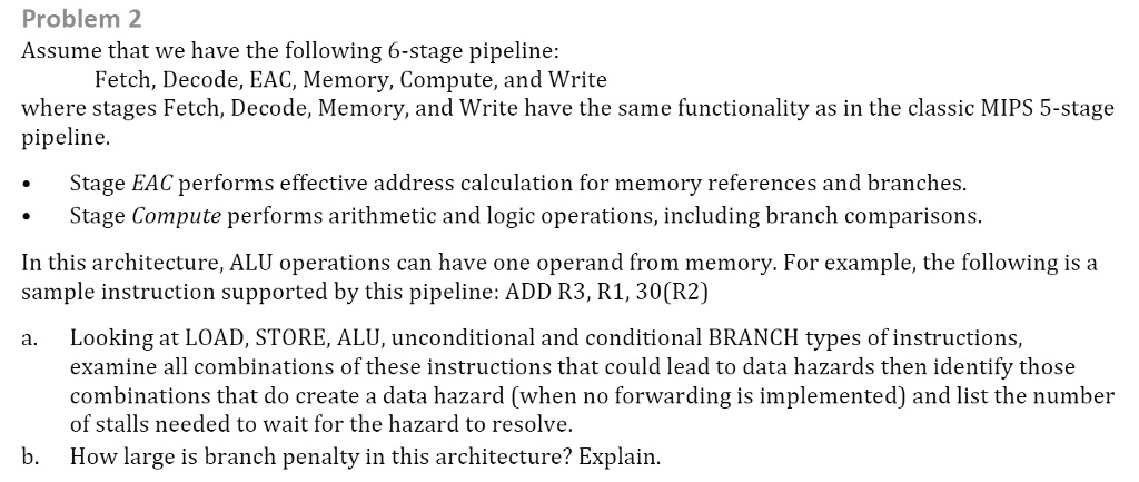SOLVED: Problem 2 Assume that we have the following 6-stage pipeline: Fetch, Decode, EAC, Memory ...