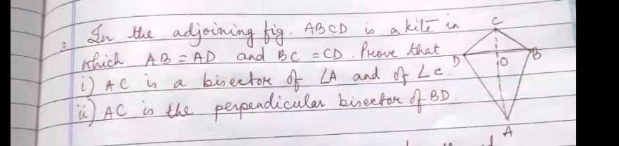 SOLVED: 'In the adjoining figure, ABCD is a kite in which AB=AD and BC=CD. Prove that (i) AC is ...