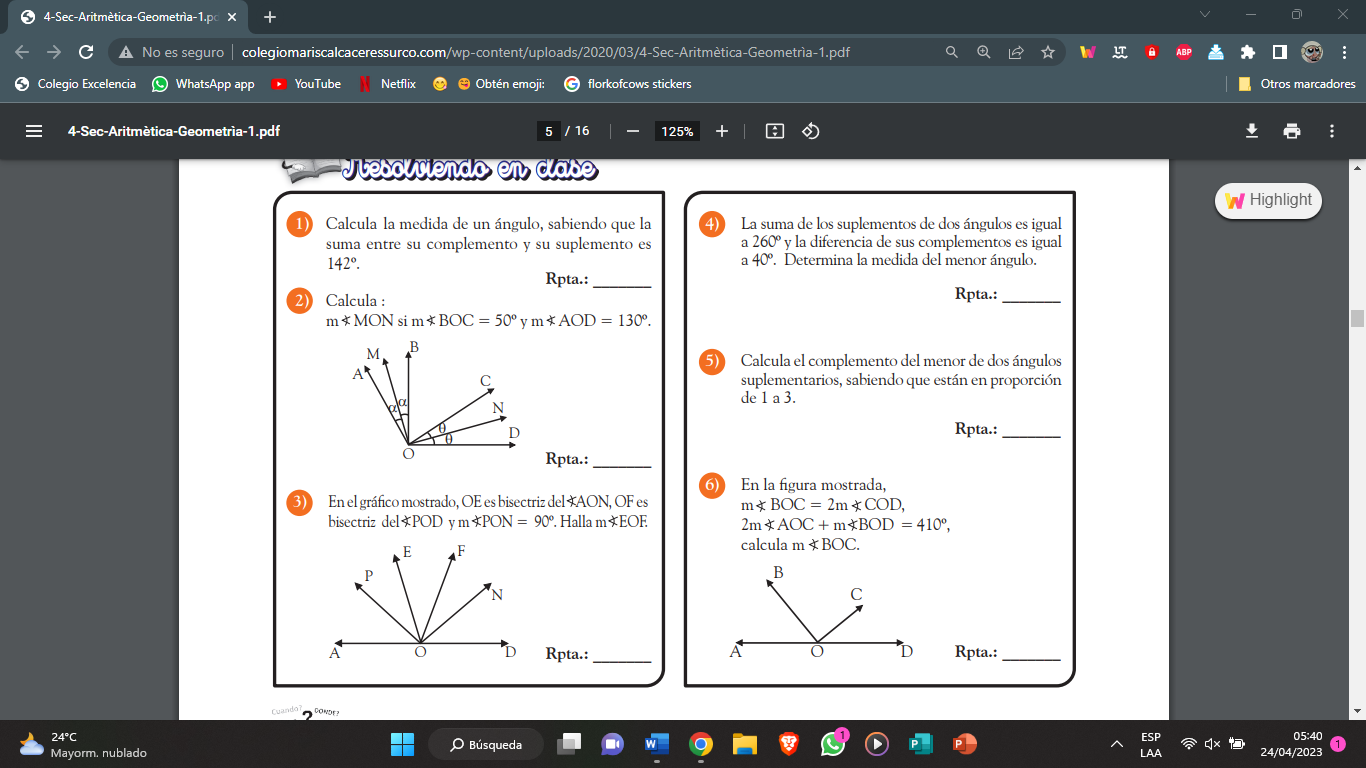 Solved 1 Calcule La Medida De Un ángulo Sabiendo Que La Suma Entre