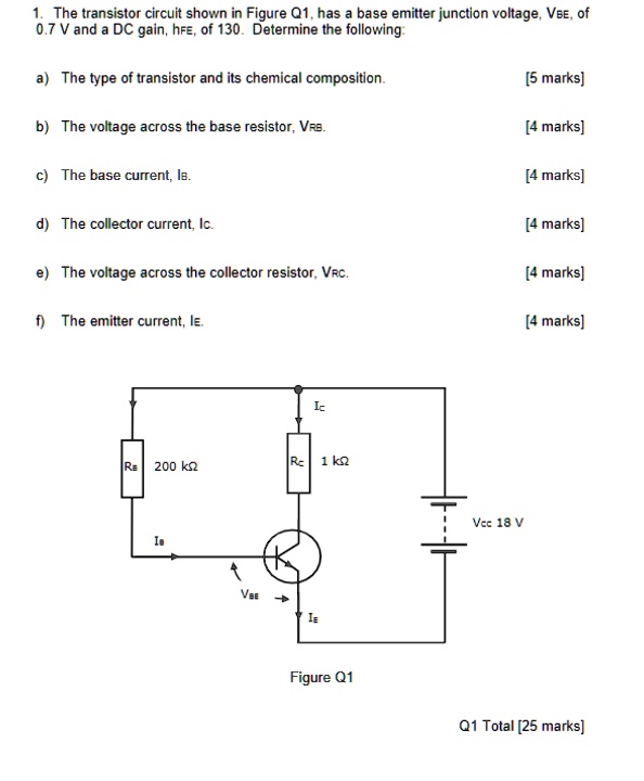 SOLVED: The transistor circuit shown in Figure Q1 has a base-emitter junction voltage, Vbe, of 0 ...