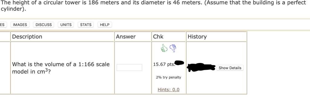 SOLVED: The height of a circular tower is 186 meters and its diameter ...