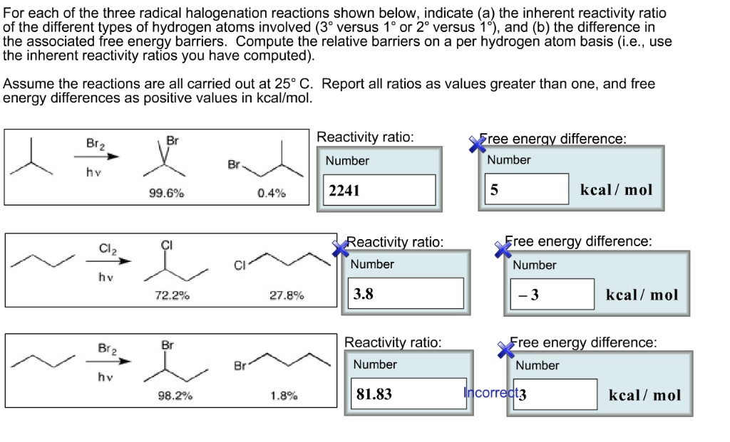 For each of the three radical halogenation reactions shown below ...