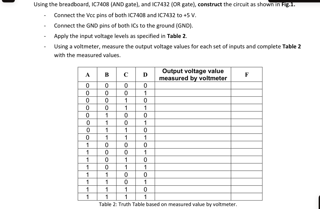 using the breadboard ic7408 and gate and ic7432 or gate construct the ...