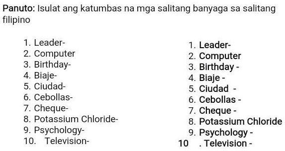 SOLVED: Pasagot naman po, please. Panuto: Isulat ang katumbas na mga ... SOLVED: Pasagot naman po, please. Panuto: Isulat ang katumbas na mga ...