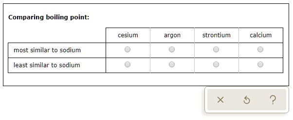 SOLVED: Comparing boiling point: cesium argon strontium calcium most ...