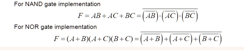 For NAND gate implementation F = AB + AC + BC = (AB) · (AC) · (BC) For NOR gate implementation F ...