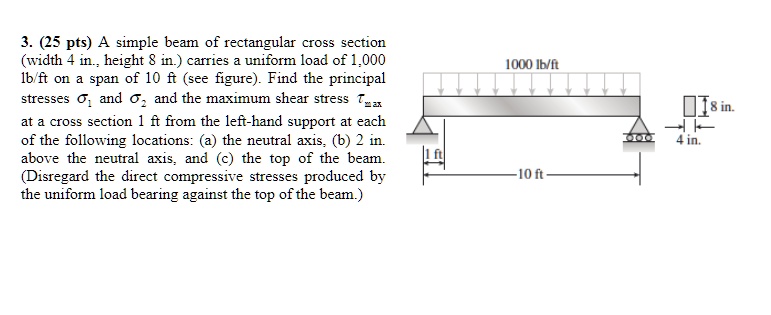 3. (25 pts) A simple beam of rectangular cross section (width 4 in., height 8 in.) carries a ...